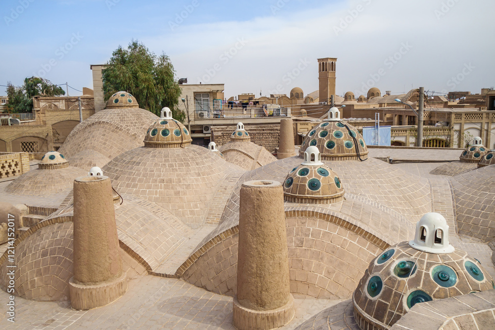 Domes and towers of the historical bath of Sultan Amir Ahmad in Kashan ...