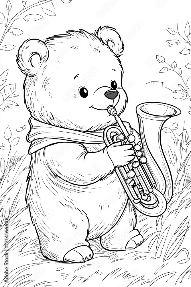 Bear Playing Tuba Coloring Page for Kids Stock Illustration | Adobe Stock