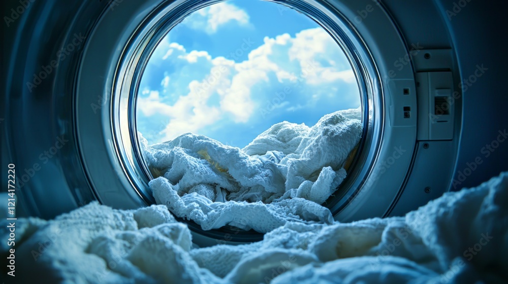 Looking through the circular opening of a washing machine, soft white ...