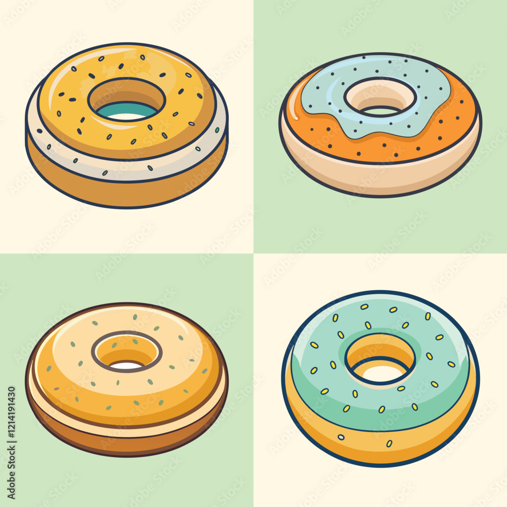 cartoon bagel with cream cheese vector illustration in colorful grid ...