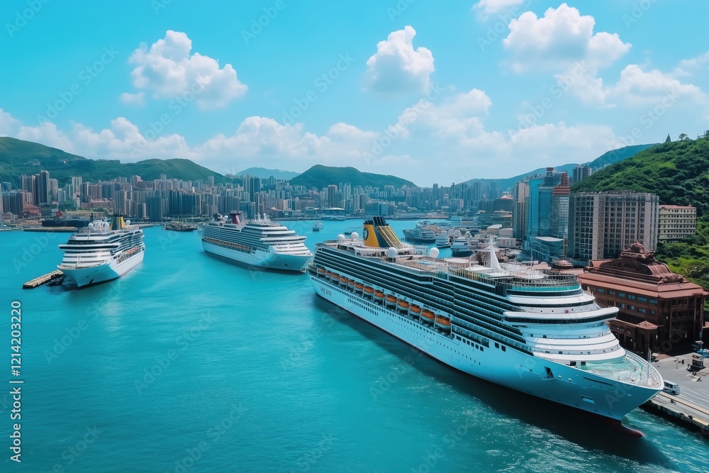 Multiple cruise ships docked in vibrant harbor with city skyline and ...