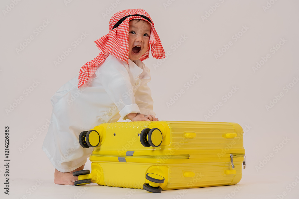Joyful Emirati Boy in Traditional Thobe, Welcoming Gesture, Cheerful ...