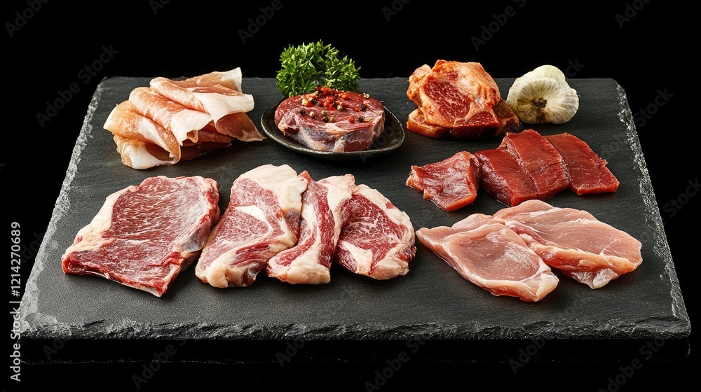 A high-quality image of assorted raw meat cuts, including steaks and ...