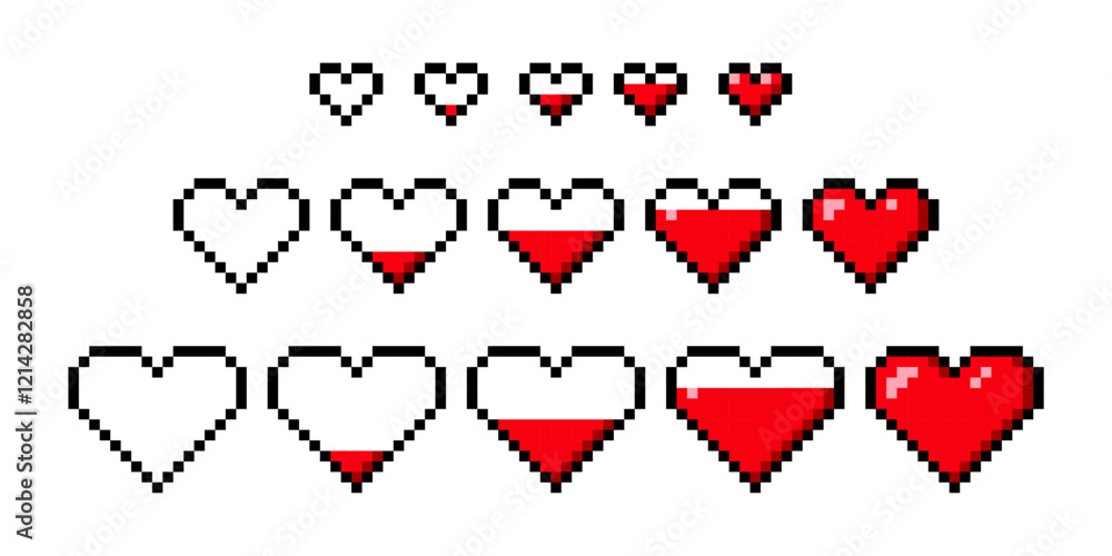 Pixel art life bar. 8 bit style hearts for game. Health level. Retro ...