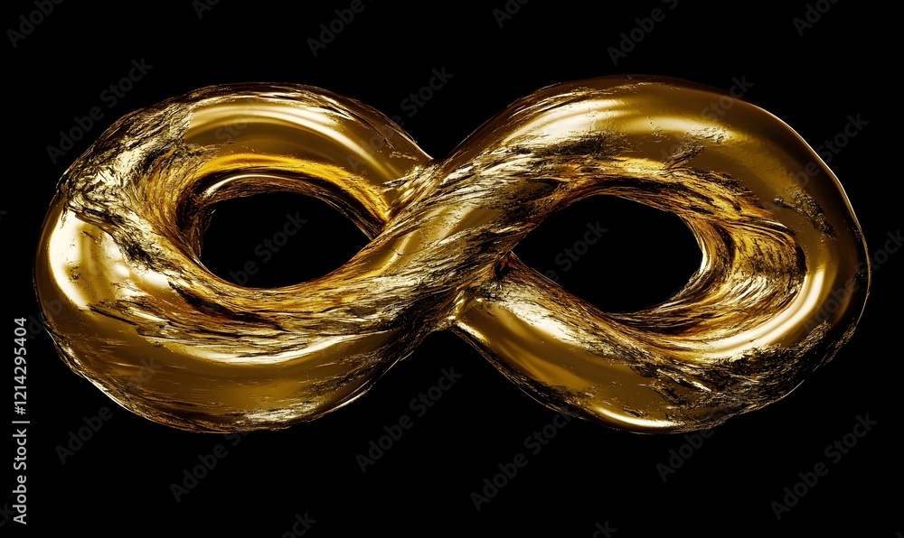 Gold infinity symbol, swirling texture, black background, endless loop ...