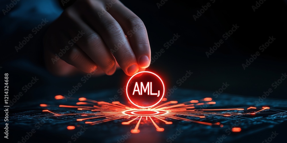 Anti-Money Laundering AML concept. Hand placing glowing AML symbol on a ...