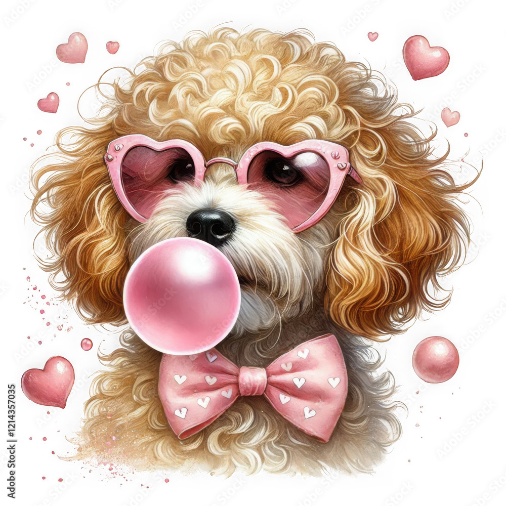 A cute Cavapoo dog with fluffy, curly fur, wearing pink heart-shaped ...