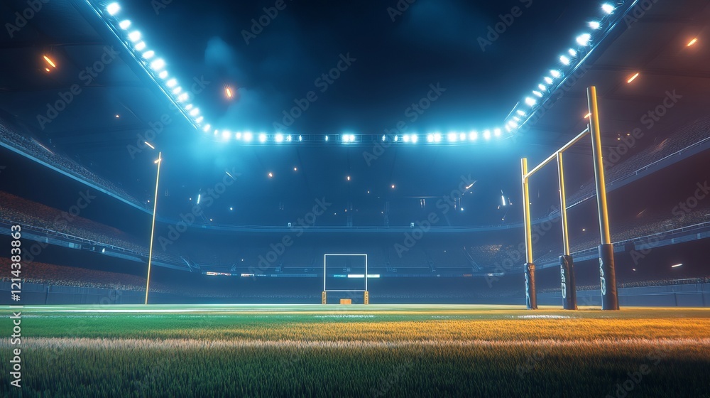 A modern rugby stadium glows under nighttime lighting, featuring a ...