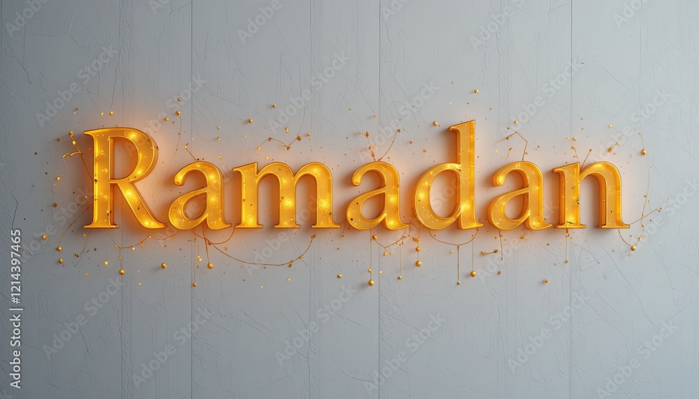 The word "Ramadan" in golden typography on a textured background ...