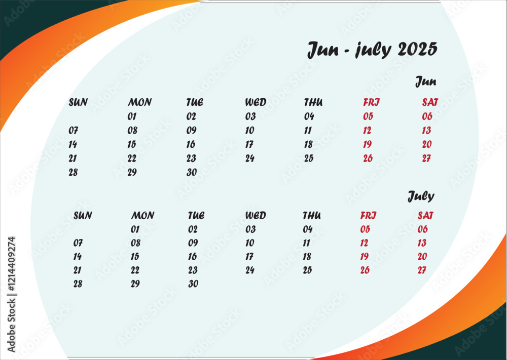 Minimal modern June and July 2025 calendar template with orange and ...