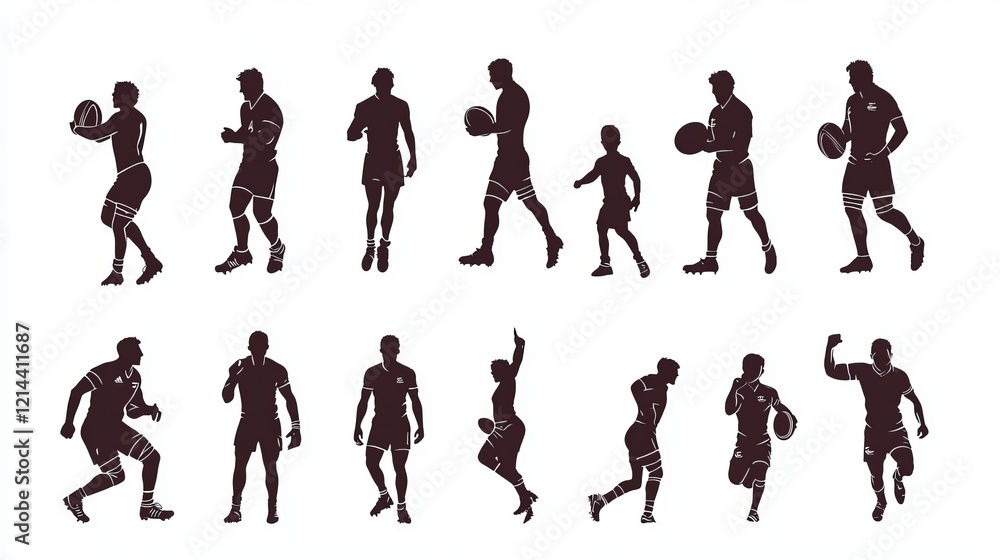 Silhouettes of male and child rugby players, shown in various poses to ...