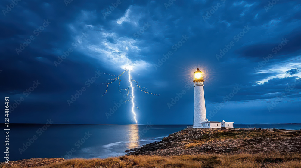 lightning bolt striking historic lighthouse during stormy night Stock ...
