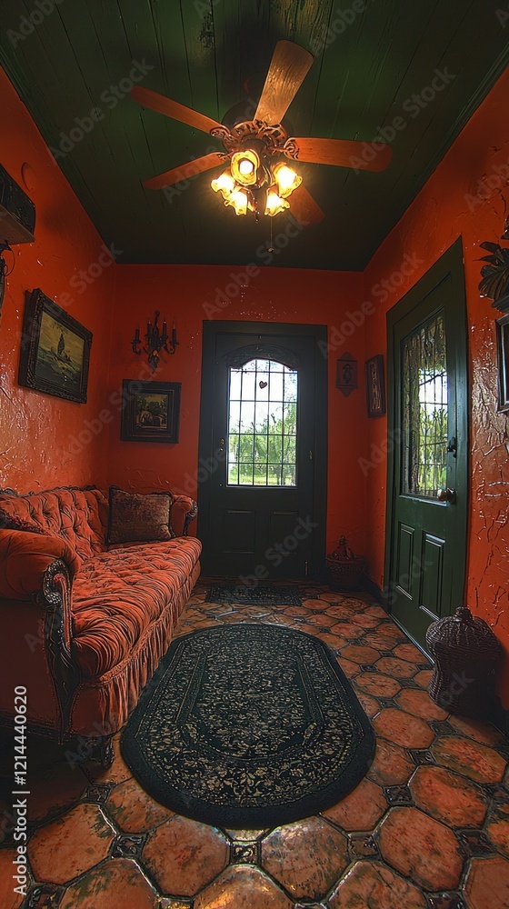 Warm and inviting entryway with terracotta tile floors and comfortable ...