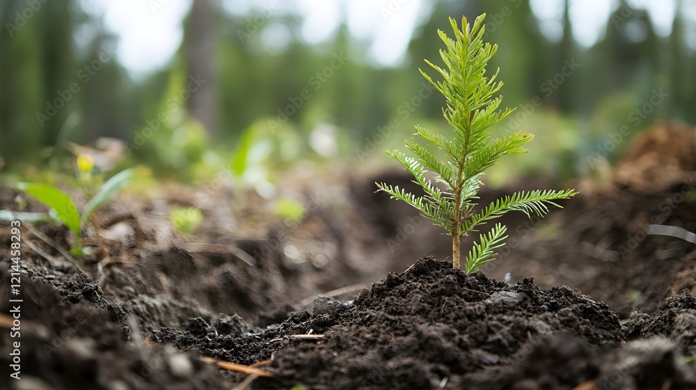 Young Evergreen Tree Sapling Planted in Rich Dark Soil Nature ...