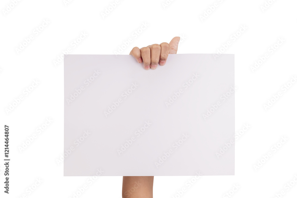 Human hands holding blank advertising card isolated on white background ...