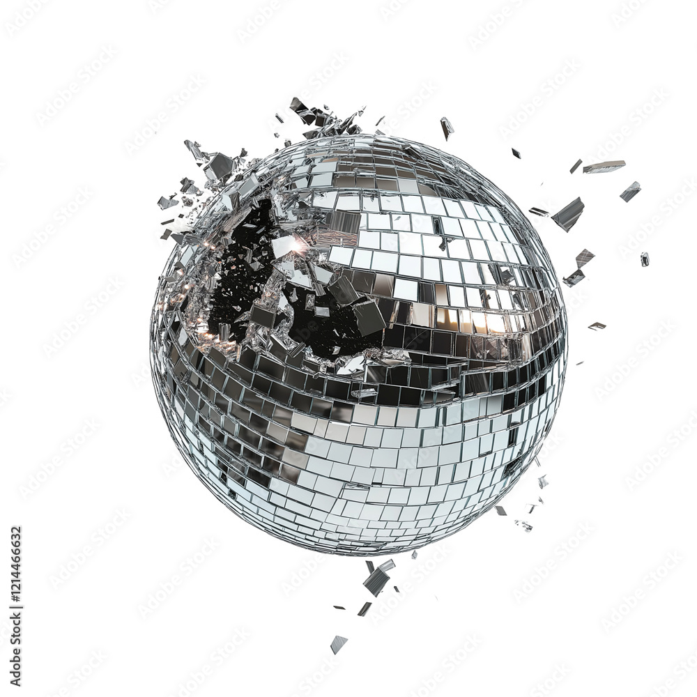 cracked disco ball with tiny mirror shards falling isolated on ...