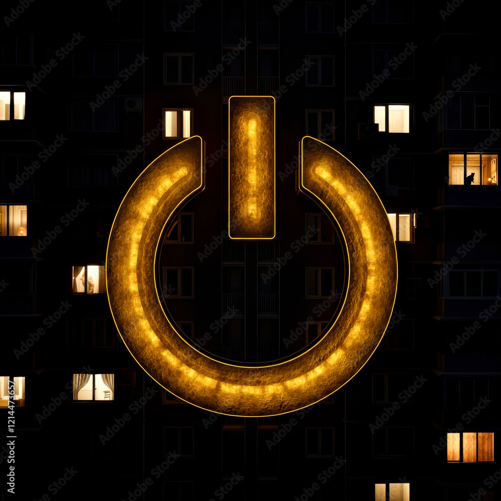Illuminated Power Symbol on Building Facade at Night Reflecting Modern ...