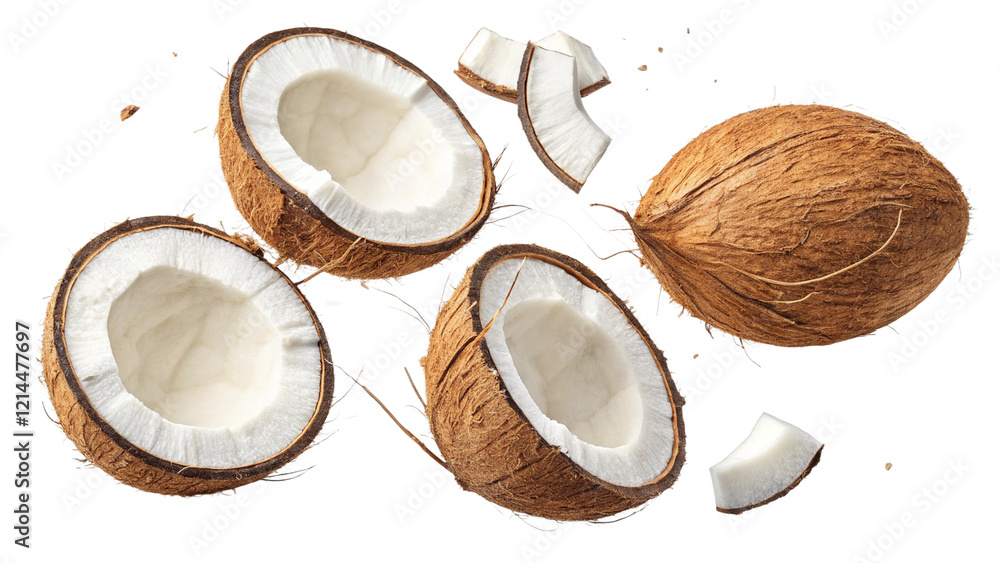 Falling coconuts pieces isolated on white background with clipping path ...