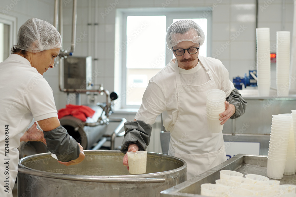 Workers wearing white coats and hairnets processing dairy products in ...