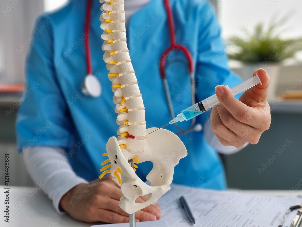 Injection from a syringe with an anesthetic drug into an intervertebral ...