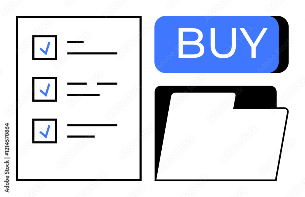 Checklist with checkmarks, blue BUY button, and folder icon ...