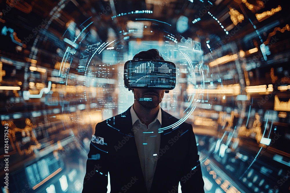 Augmented Virtual Reality Concept: Businessman in 3D World Surrounded ...