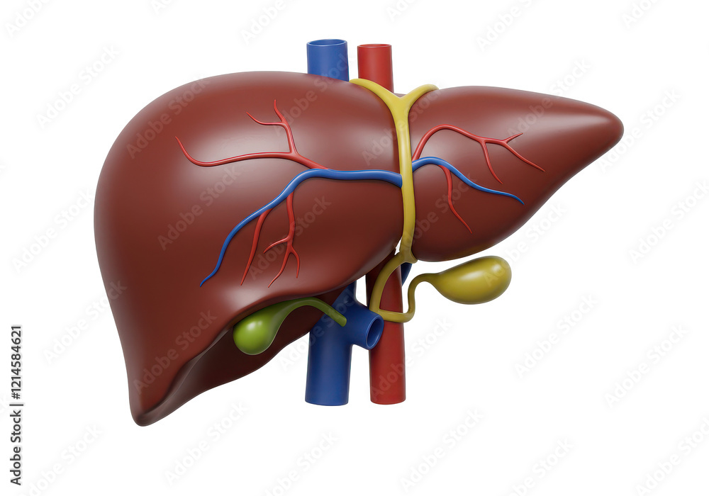 Anatomical model of a human liver showing veins and ducts, isolated on ...