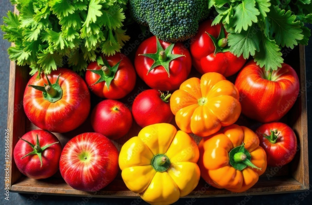 Fresh produce spread including vegetables and fruits, captured top view ...
