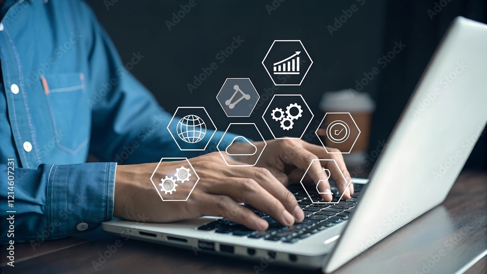 Foto de Stock API Application Programming Interface Concept. A programmer types on a laptop ...