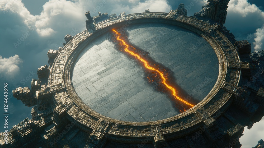 Aerial view of ancient circular platform with glowing crack, clouds ...