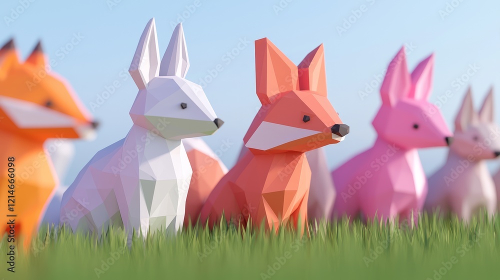 Geometric Animal Kingdom: Low-Poly Bunny, Fox, Bear in Cinematic Row ...