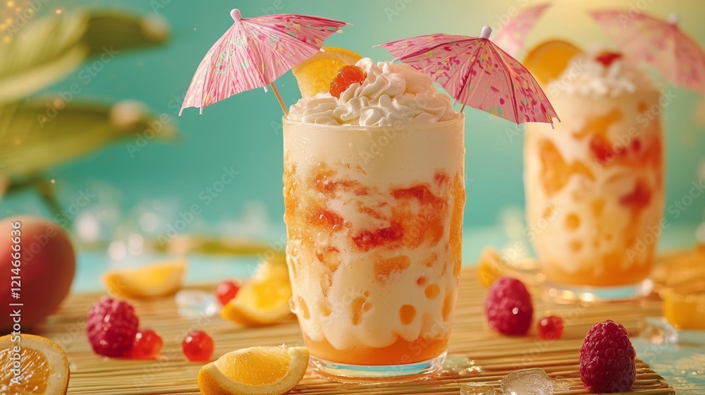 Tropical soda floats on beach background with bamboo table styling ...