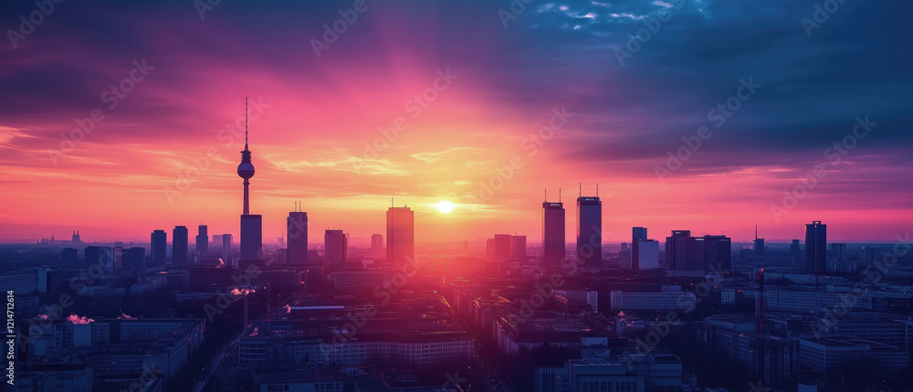 Vivid sunset skyline of Berlin with glowing colors and distant ...