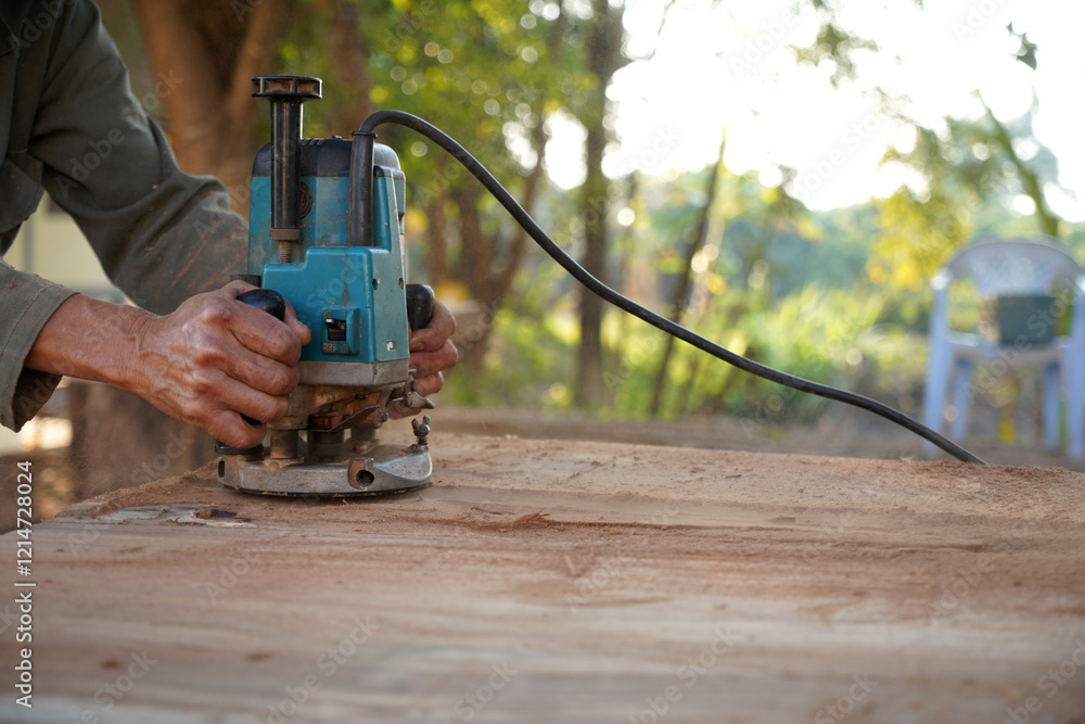 carpenter with hand wood router machine at work. routing a bevel into ...