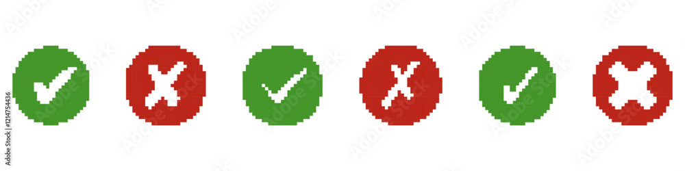 Stock-Vektorgrafik „Pixel Art Green Check Marks and Red Cross Icons in Circle Shapes. Approval ...