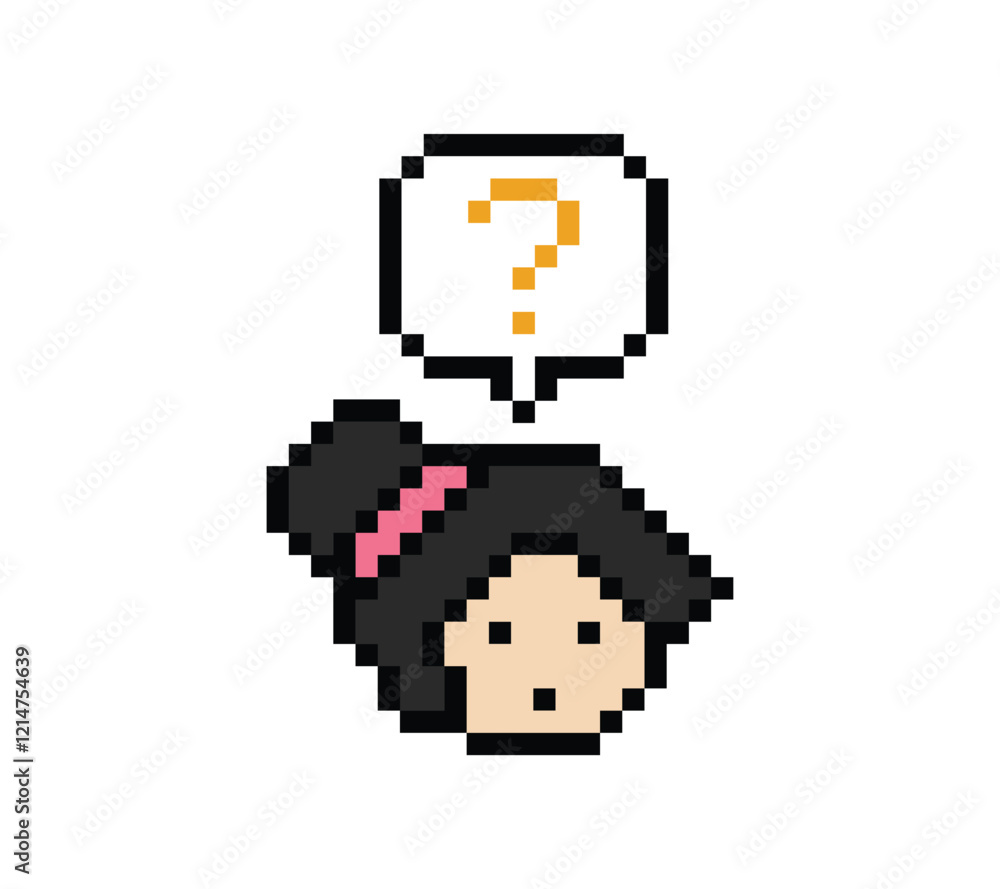 Vektor Cute pixel cartoon character woman with question mark decoration ...
