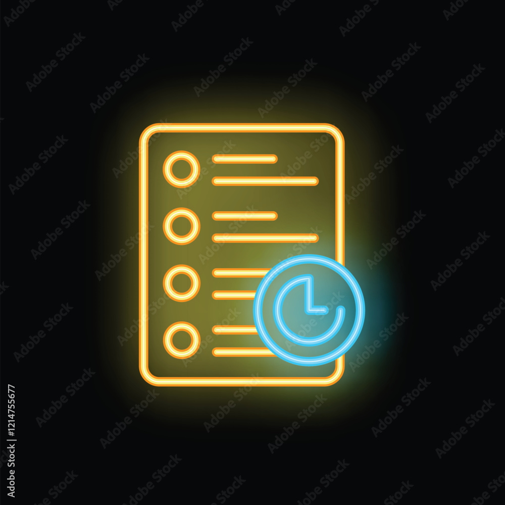 Neon icon of a checklist with a clock, representing the concept of time ...