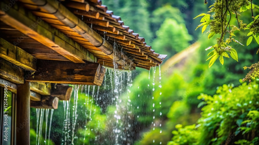 Water cascading from porch roof, rural scene, rustic architecture ...