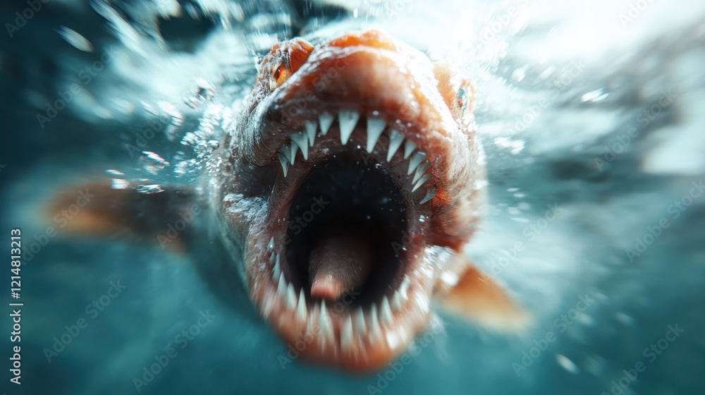 This striking image captures a fierce fish with razor-sharp teeth ...