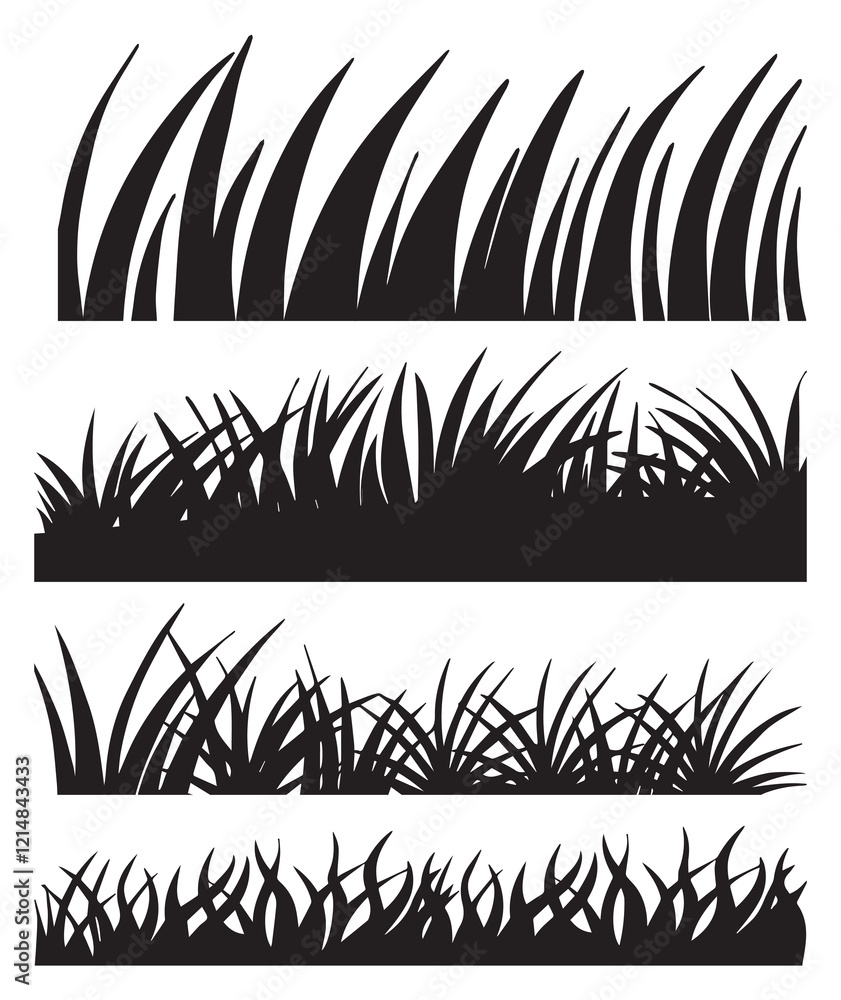 Set of four grass silhouettes vector isolated on white background ...