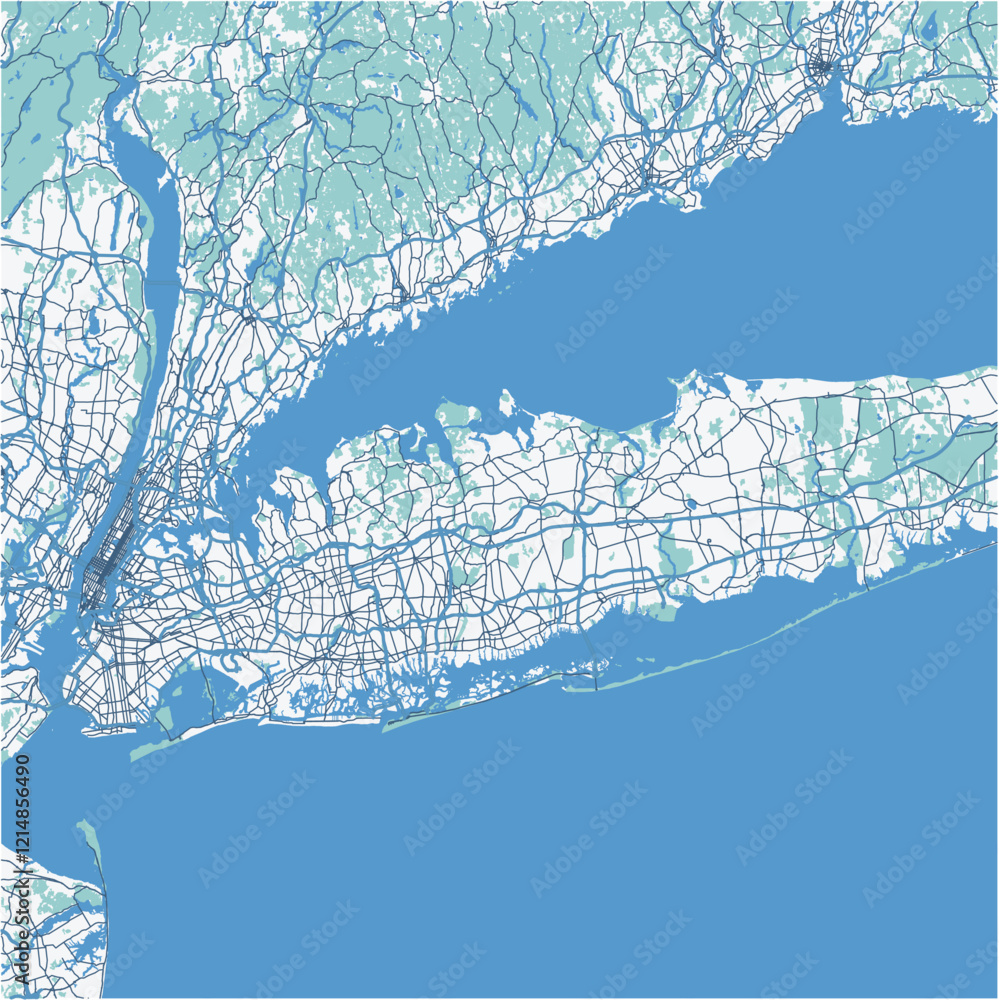 Map of Long Island in New York in a professional blue style. Contains ...