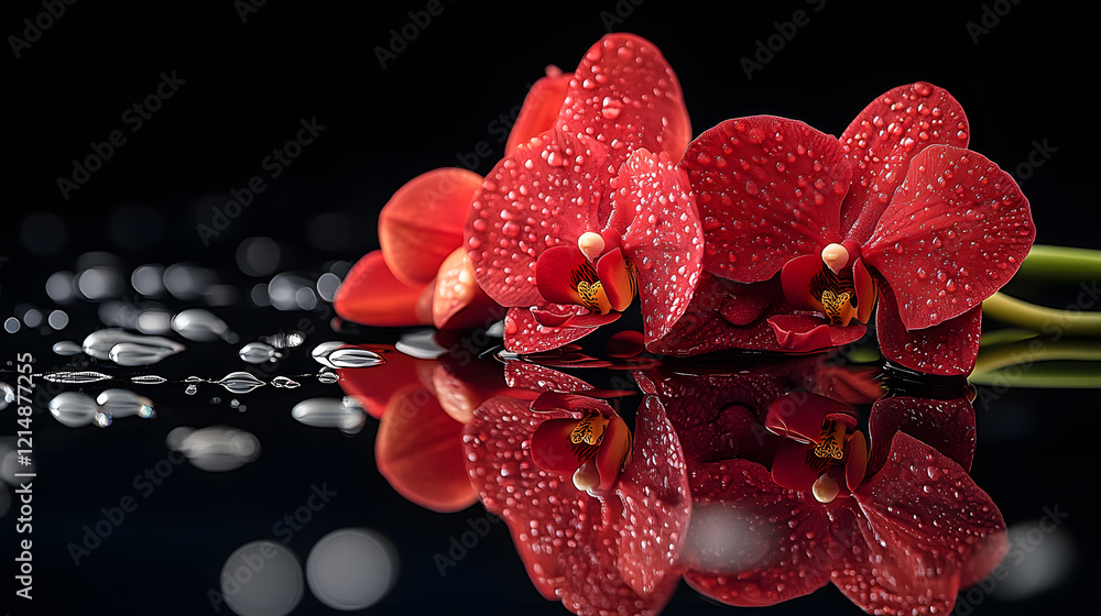 A bold red orchid set against a reflective black surface, with water ...
