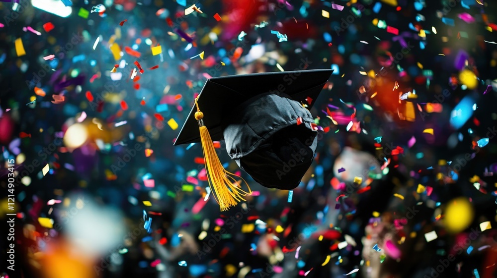 A graduation cap and diploma amidst a shower of confetti captures the ...