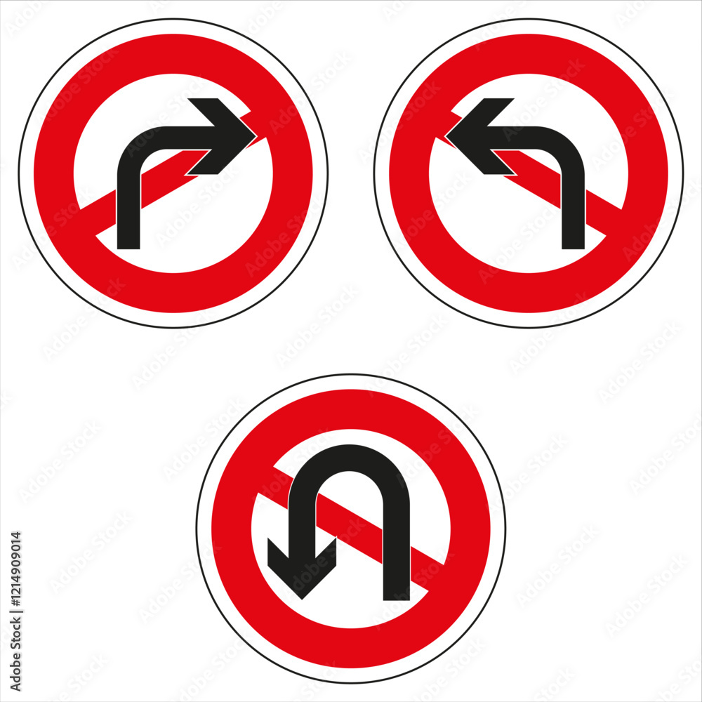 Round road signs showing prohibited turning maneuvers, including no ... Round road signs showing prohibited turning maneuvers, including no ...