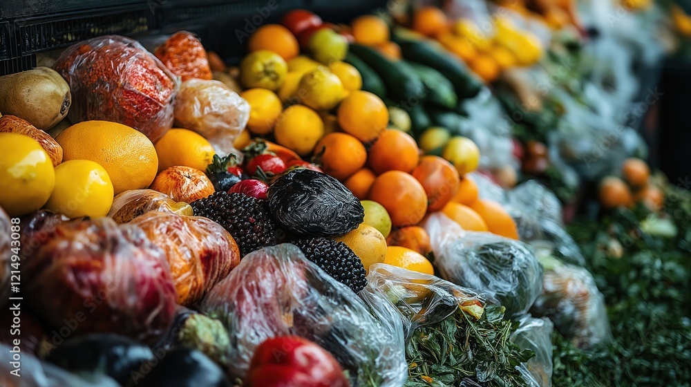 Fresh fruits, vegetables piled high in plastic bags. Food waste ...