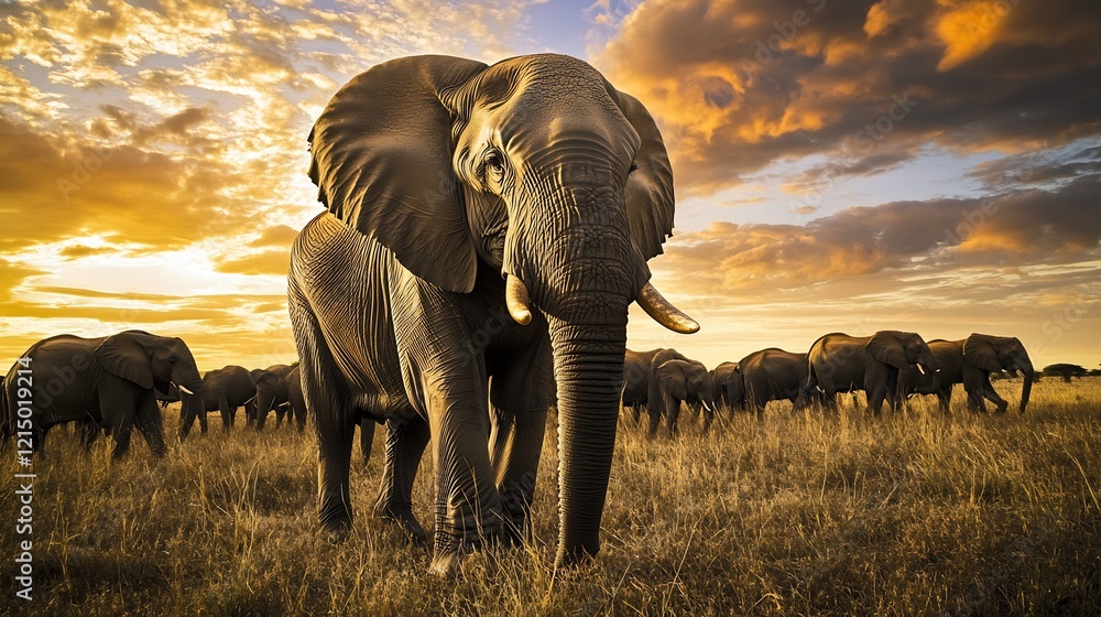 Majestic African elephant leading herd across savanna under a dramatic ...