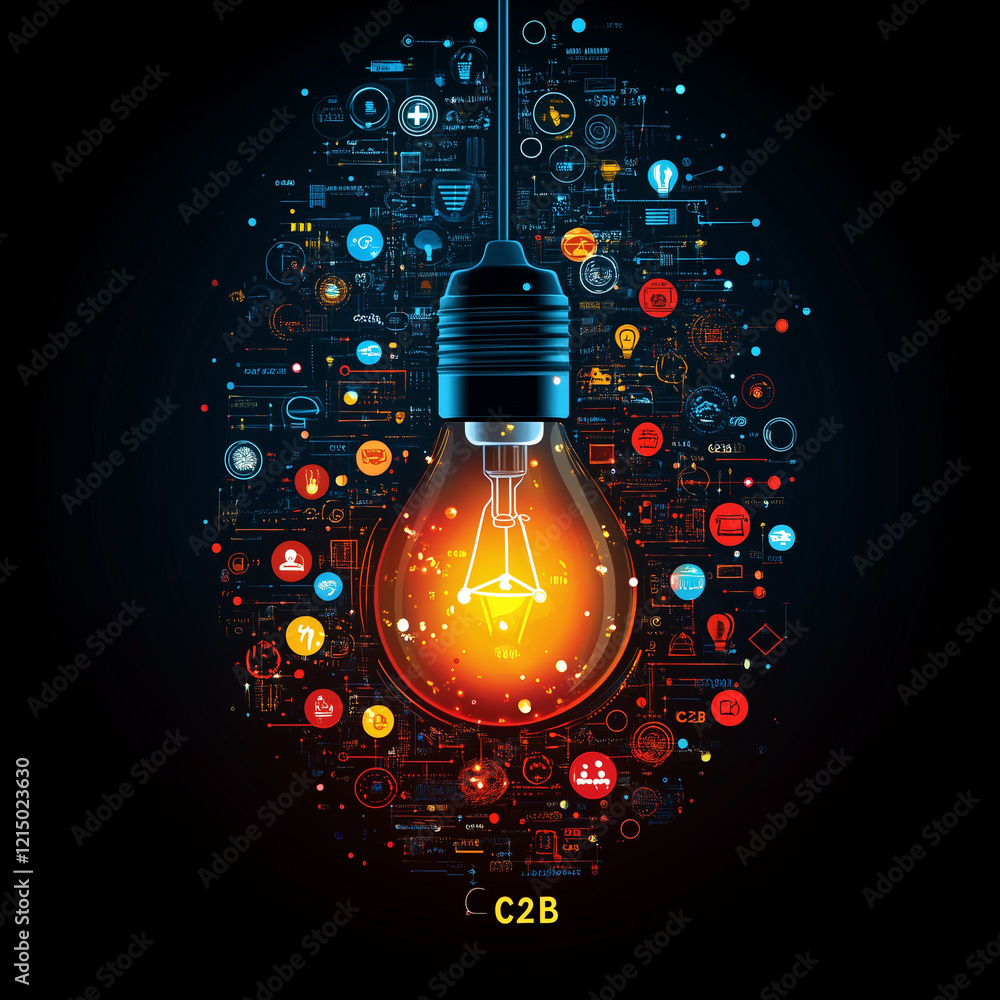 "C2B" with subtle icons of a lightbulb and consumer feedback loops forming a circular design ...