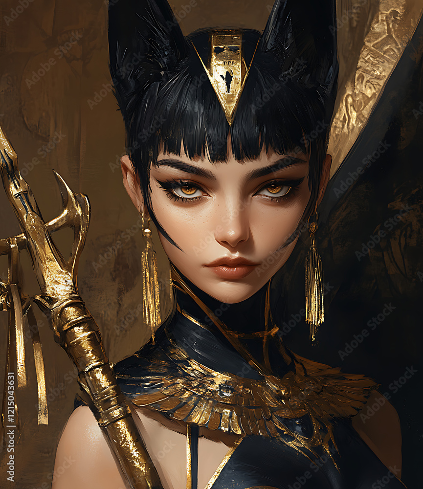 Anubis and Cleopatra, illustration, Egyptian mythology, gold details ...