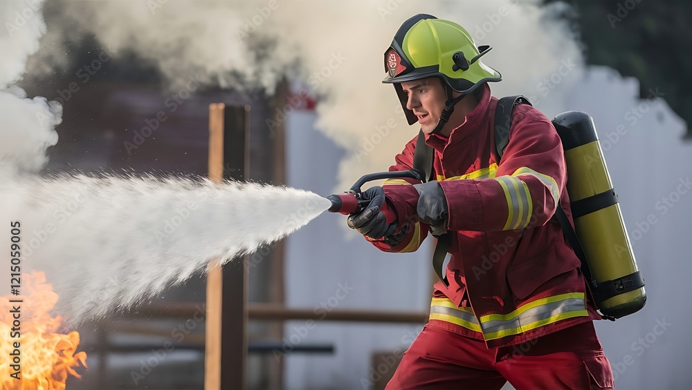 Male firefighter in uniform and helmet extinguishing burning fire while ...