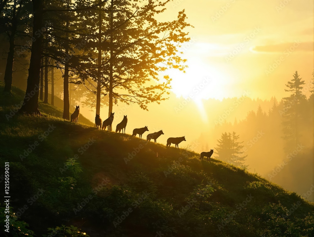 Backlit image of wolves howling on hillside in dense forest, howl, wild ...